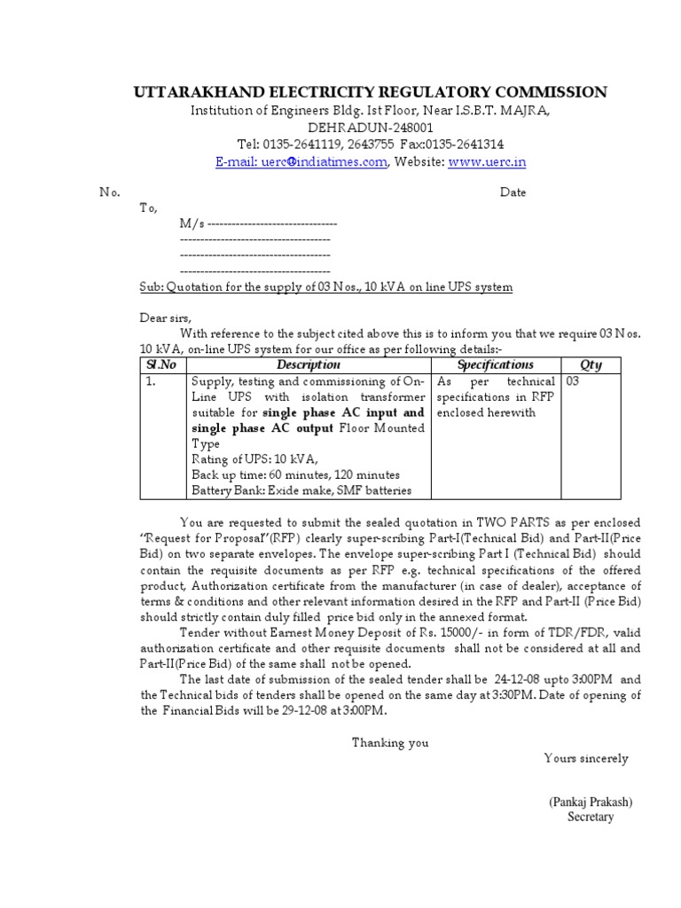 Quotation For The Supply of 03 Nos. 10 kVA On Line UPS System | PDF ...