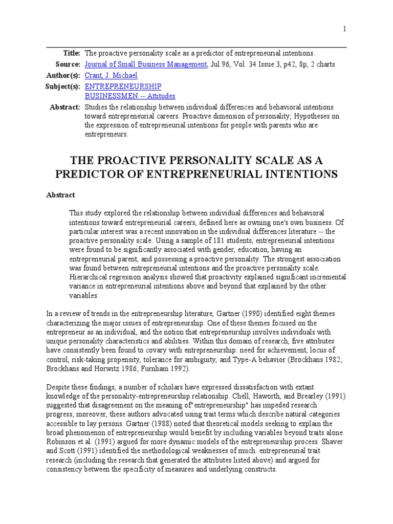 Proactive Personality and Entrepreneurship | PDF | Entrepreneurship ...