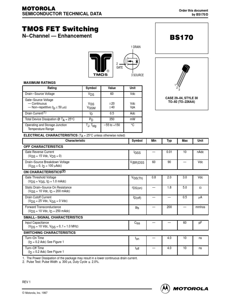 BS170 Transistor Data Sheet | PDF | Field Effect Transistor | Amplifier
