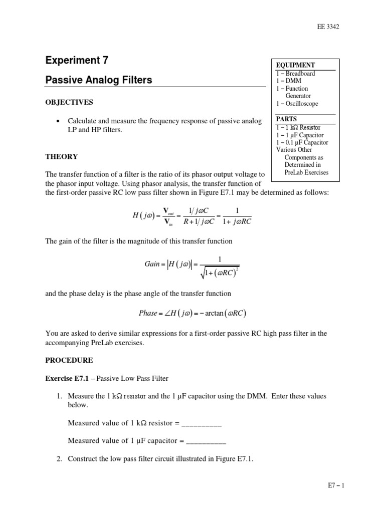 Experiment 7 Passive Analog Filters: Objectives | PDF