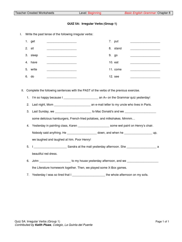 Irregular Verbs Quiz for Beginners | PDF | Language Arts & Discipline ...