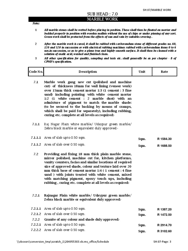 Marble Work Specifications and Rates | PDF | Mortar (Masonry) | Cement