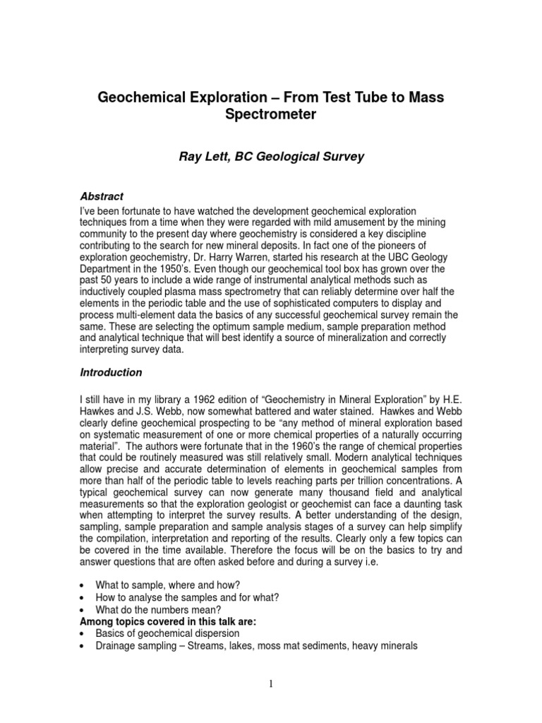 Geochemical Exploration - From Test Tube To Mass Spectrometer | PDF