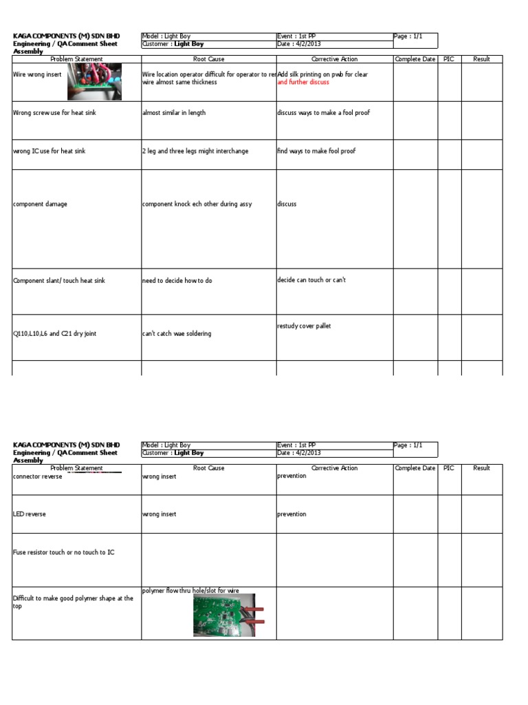 Kaga Components (M) SDN BHD Engineering / QA Comment Sheet Assembly | PDF