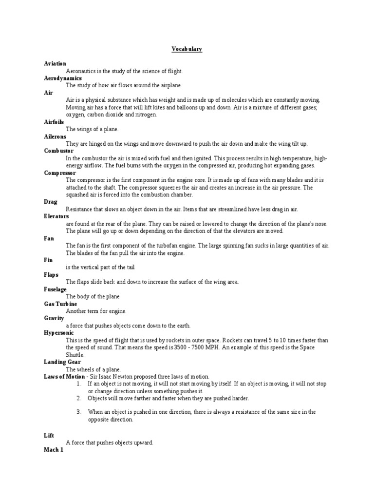 Vocabulary Aviation Aerodynamics Air | PDF | Airplane | Mach Number