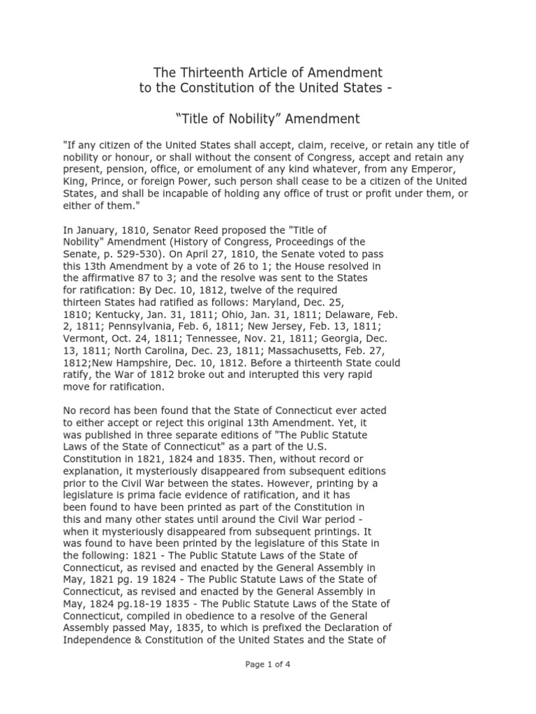 Title of Nobility Amendment Overview | PDF | Thirteenth Amendment To ...