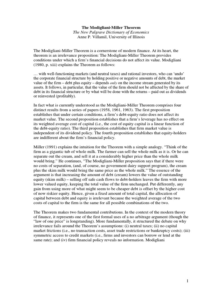 Miller and Modigliani Theory Article | PDF | Capital Structure | Stocks