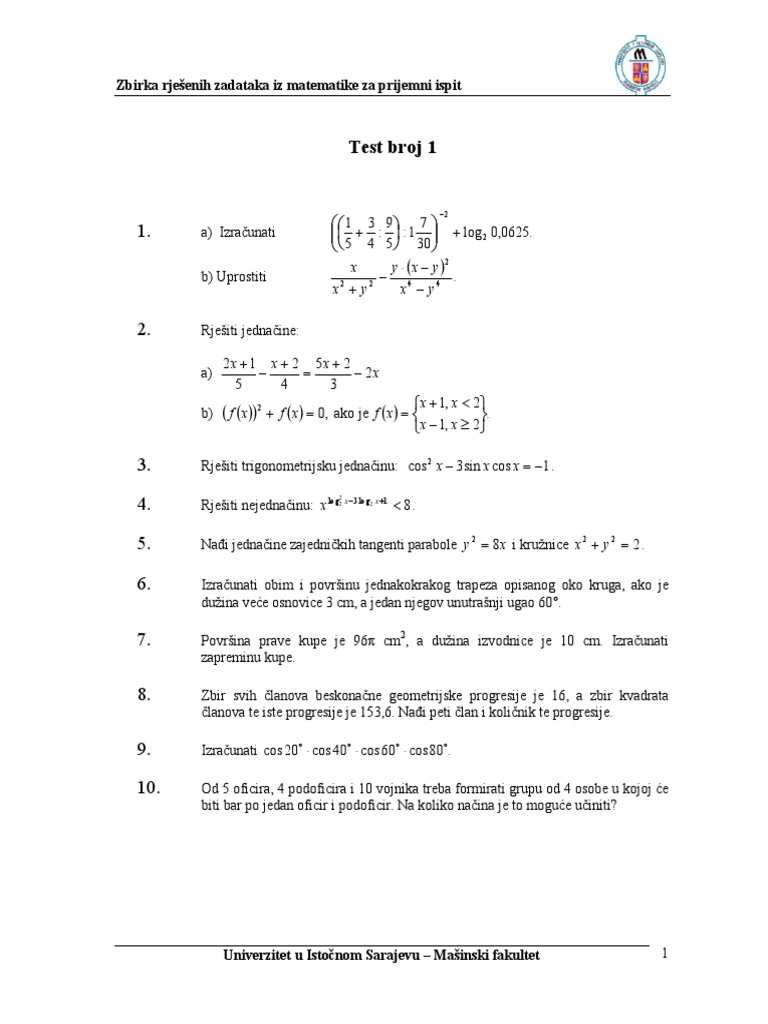 Zbirka Rješenih Zadataka Iz Matematike Za Prijemni Ispit | PDF