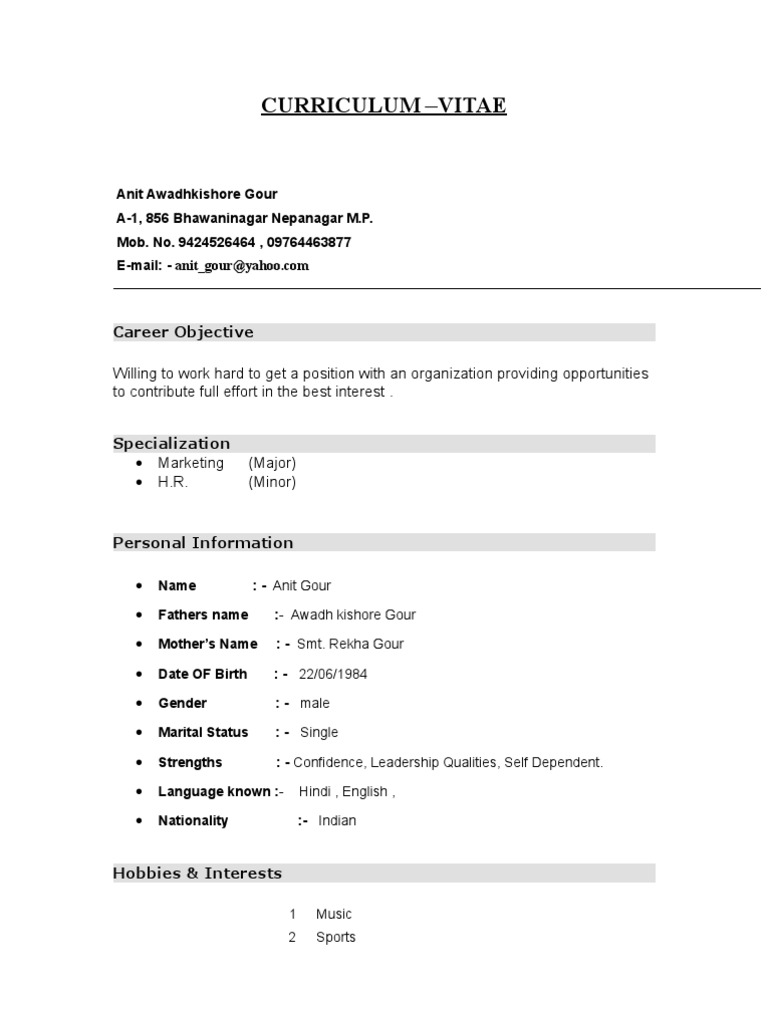 Curriculum - Vitae: Career Objective | PDF | Learning | Behavior Modification
