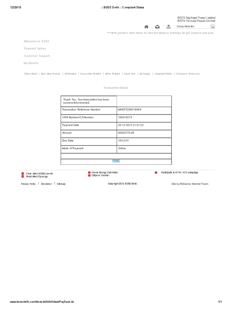 BSES Delhi - Complaint Status | PDF