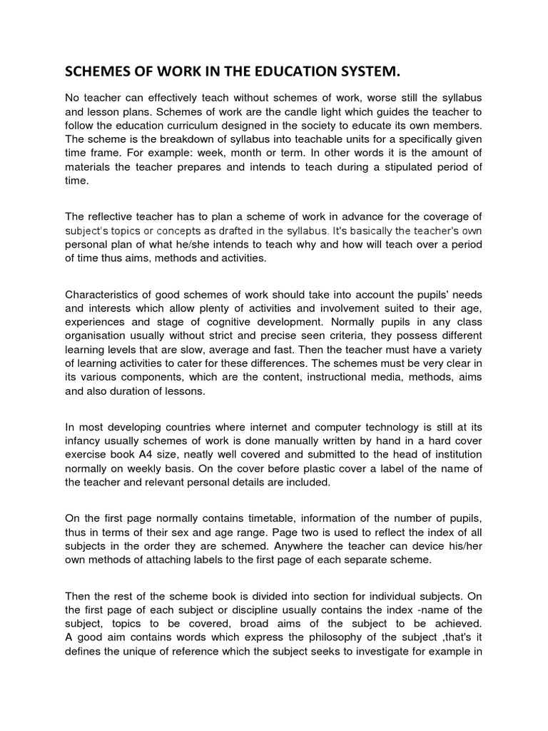 Importance of Schemes of Work in Education | PDF | Reading ...