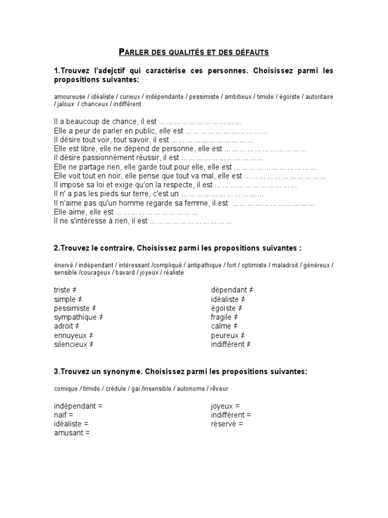 Adjectifs: Qualités et Défauts en Français | PDF