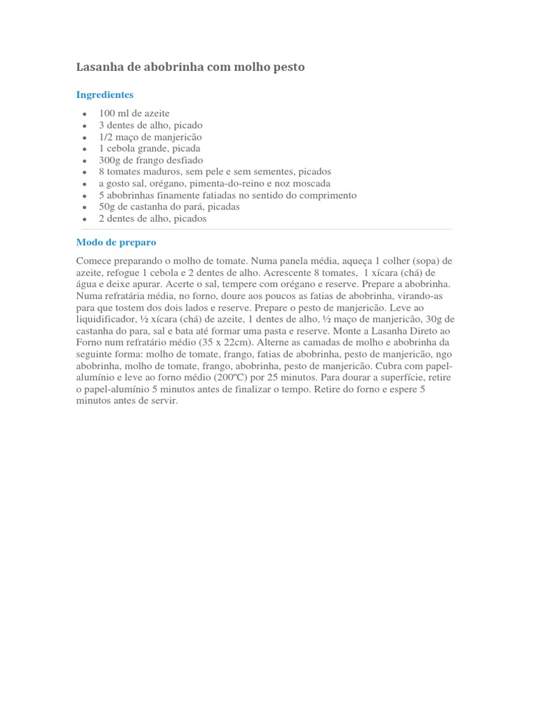 Lasanha de Abobrinha Com Molho Pesto (CT) | PDF