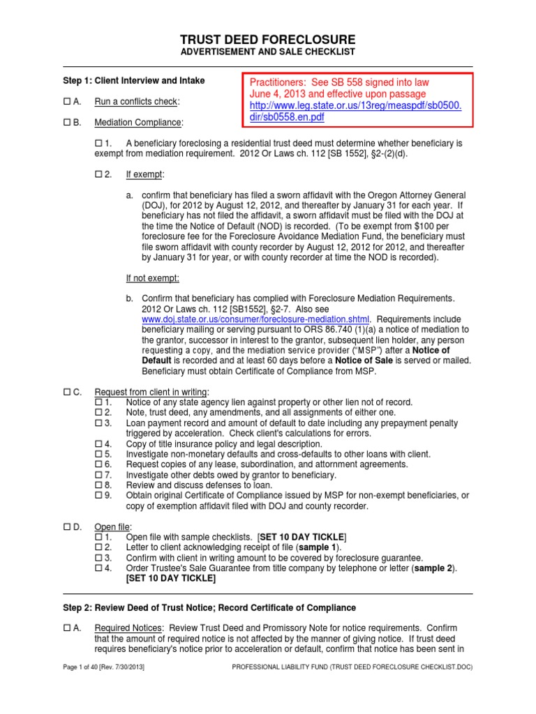 Trust Deed Foreclosure Checklist | PDF | Deed Of Trust (Real Estate ...