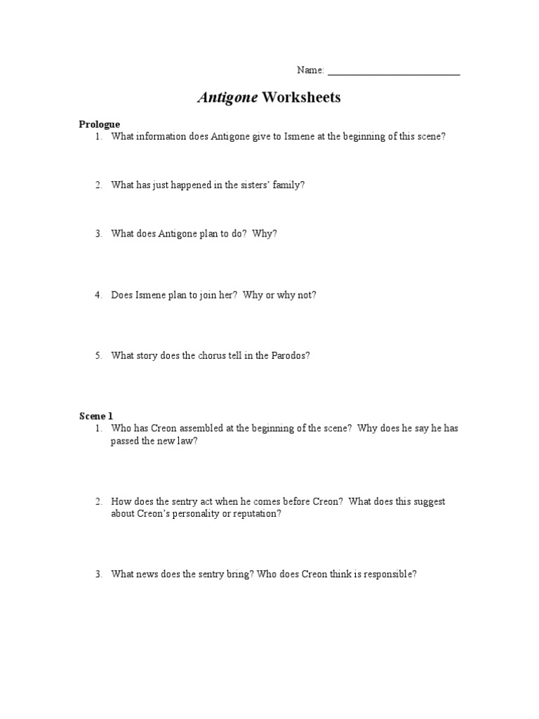Antigone Worksheet: Key Scenes & Questions | PDF | Ancient Thebes ...