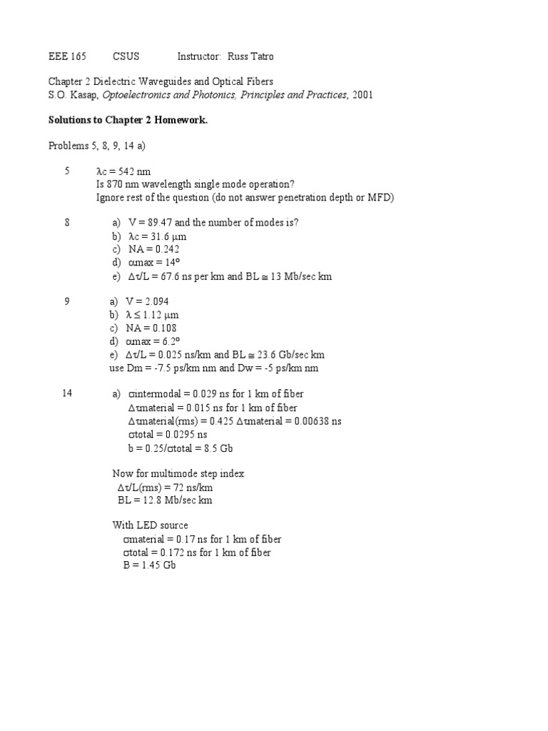 Homework Chapter 02 | PDF | Dispersion (Optics) | Optical Fiber