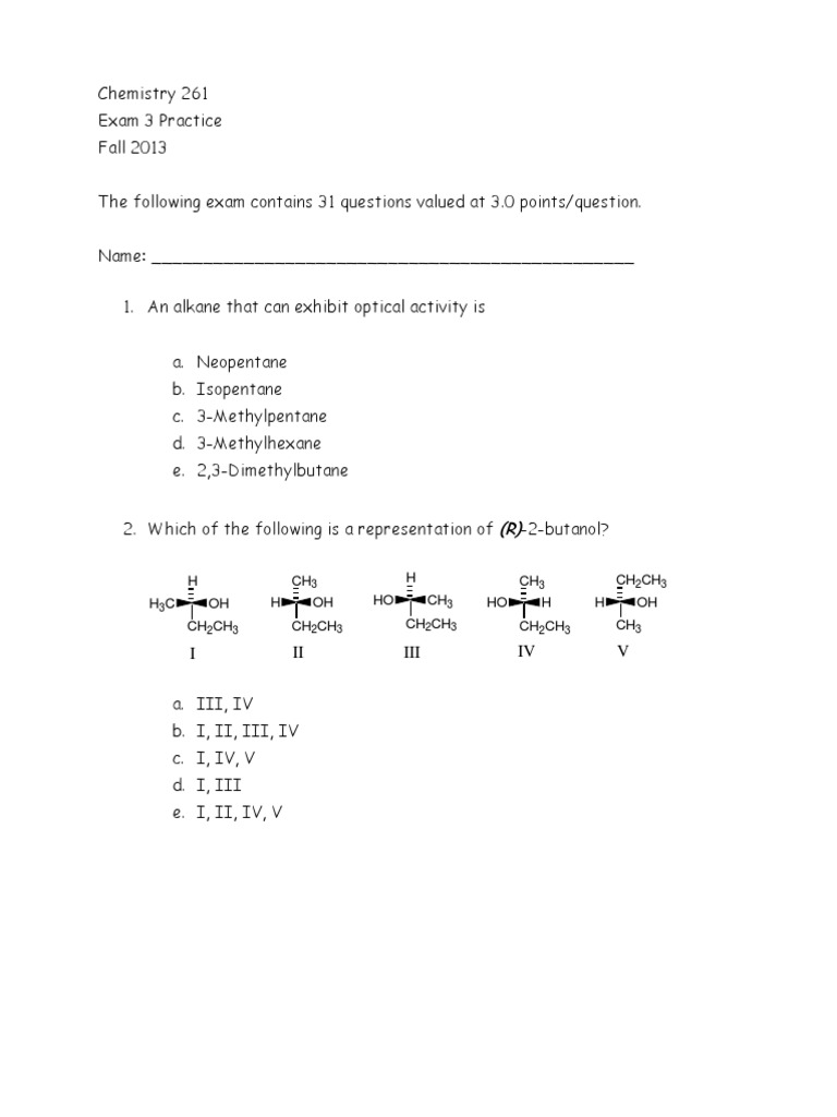 Organic Chemistry Exam 3 Practice | PDF | Isomer | Chemical Reactions