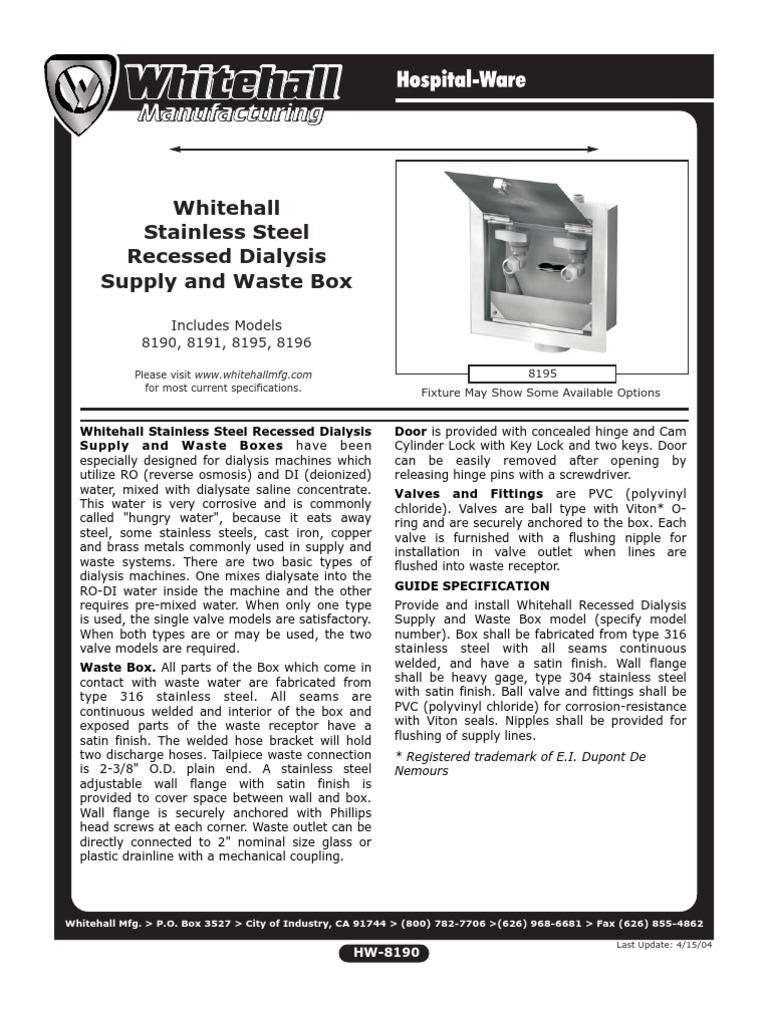 Whitehall Stainless Steel Recessed Dialysis Supply and Waste Box | PDF ...