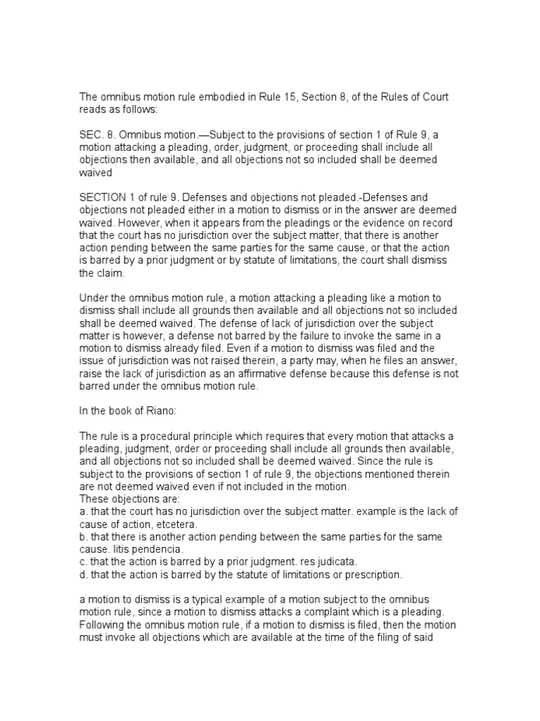 Omnibus Motion Rule of The Phls | PDF | Cause Of Action | Lawsuit