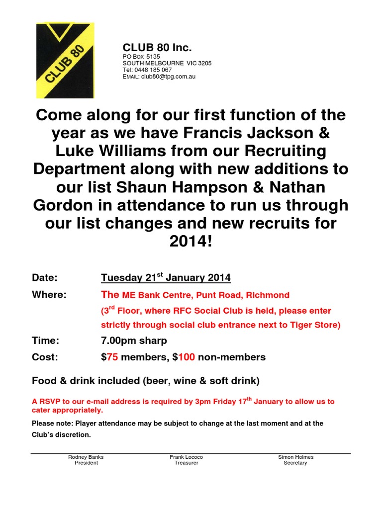 Club 80 Inc. 2014 Function Details | PDF