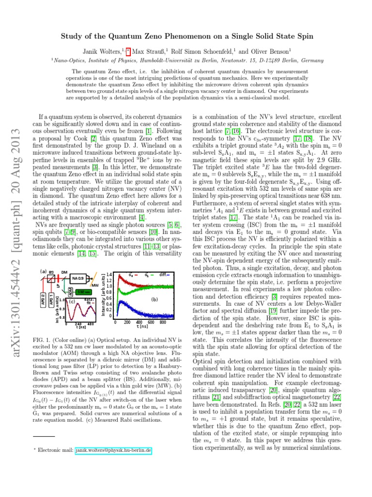 Study of The Quantum Zeno Phenomenon On A Single Solid State Spin | PDF ...
