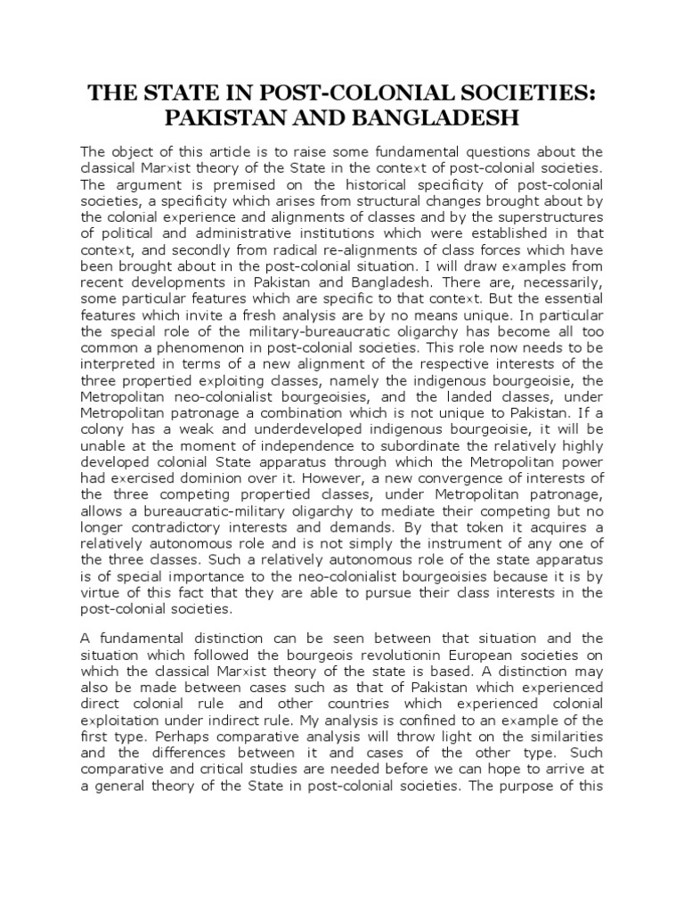 The State in Post-Colonial Societies Pakistan and Bangladesh | Marxism ...