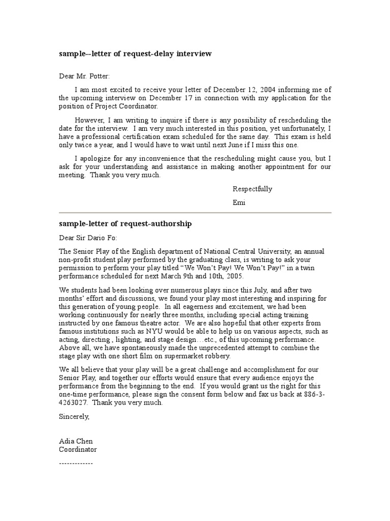 Sample - Letter of Request-Delay Interview | PDF