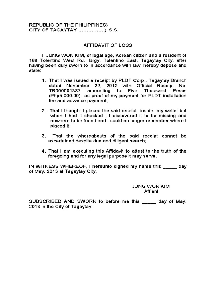 Affidavit of Loss - Receipt | PDF