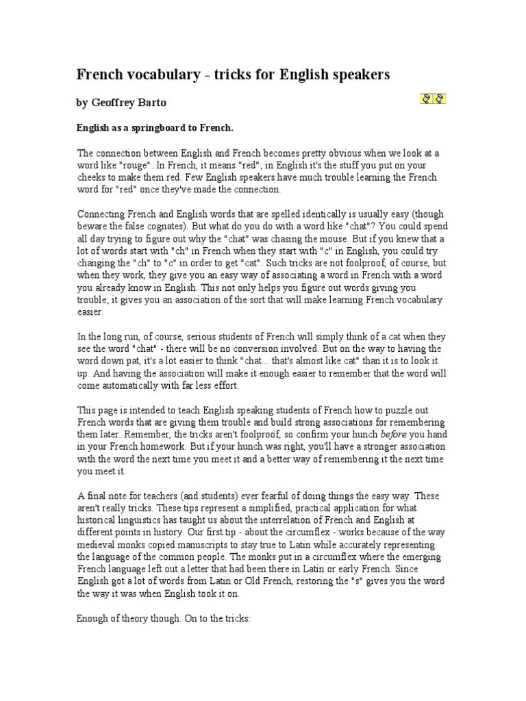 French Vocabulary - Tricks For English Speakers: by Geoffrey Barto ...