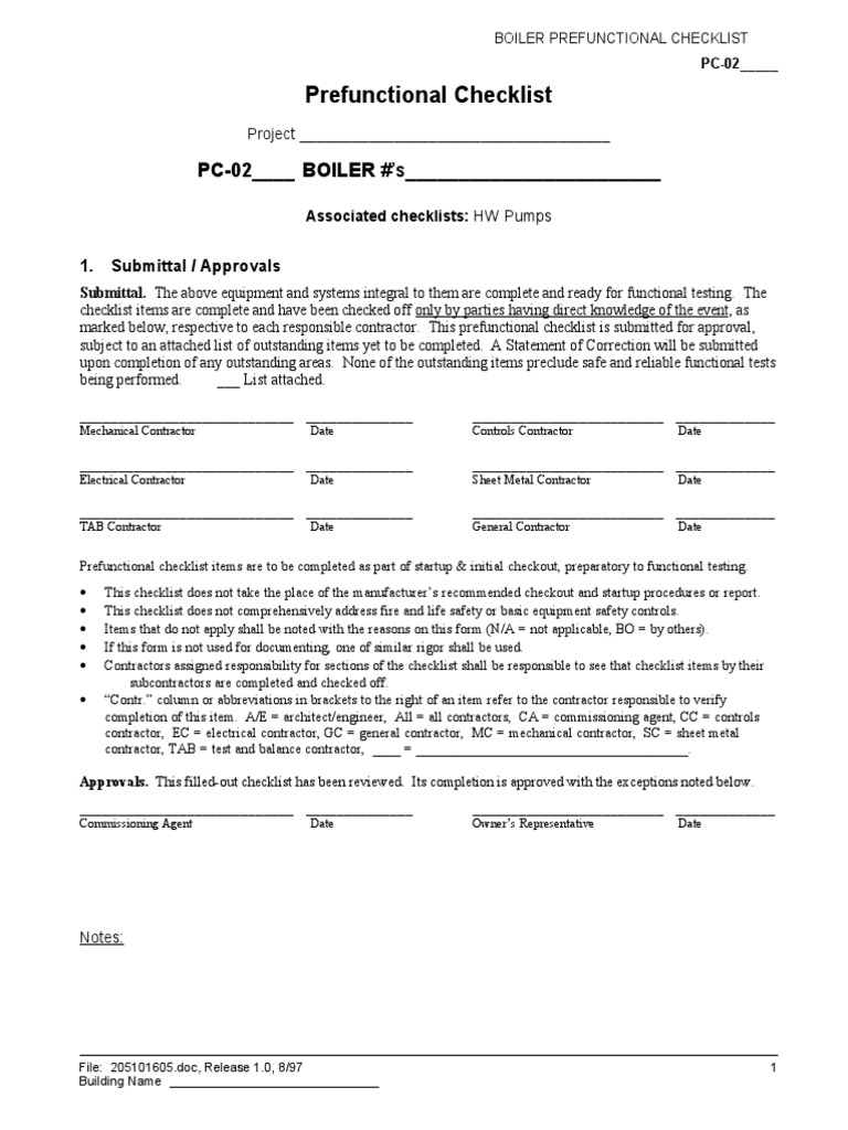 Boiler Prefunctional Checklist Form | PDF | General Contractor ...