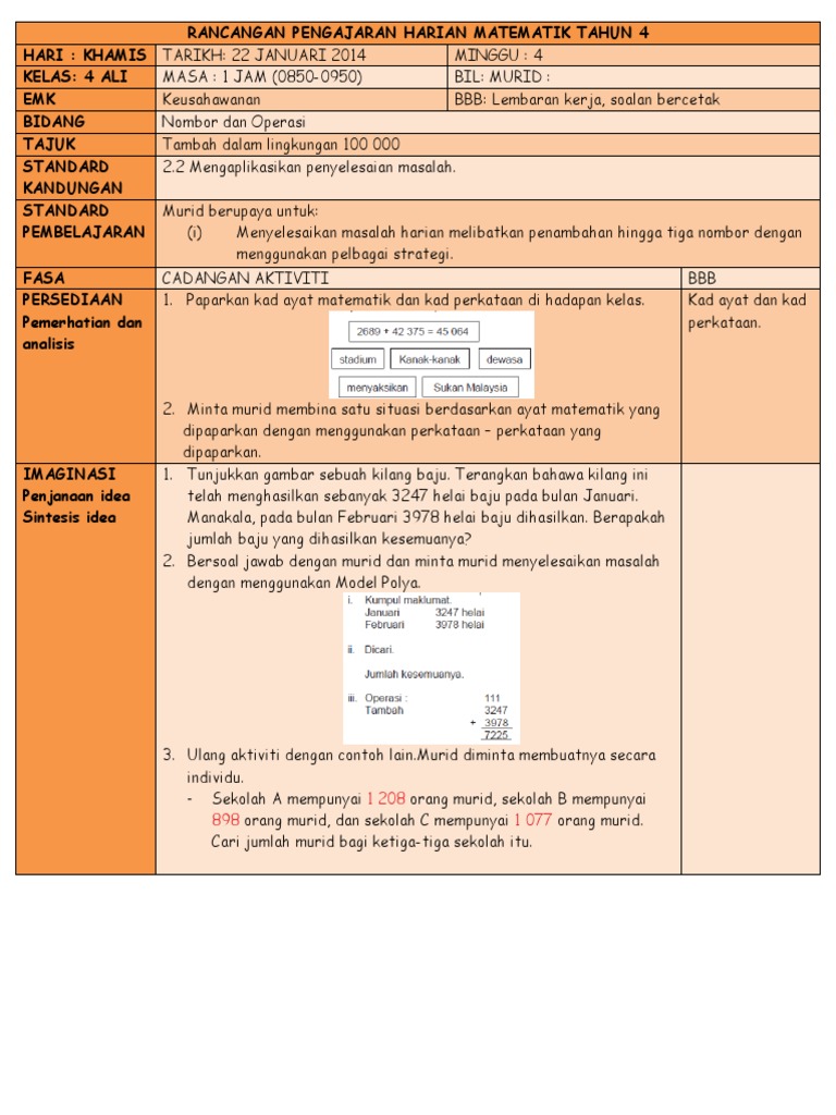 RPH Matematik Tahun 4 | PDF