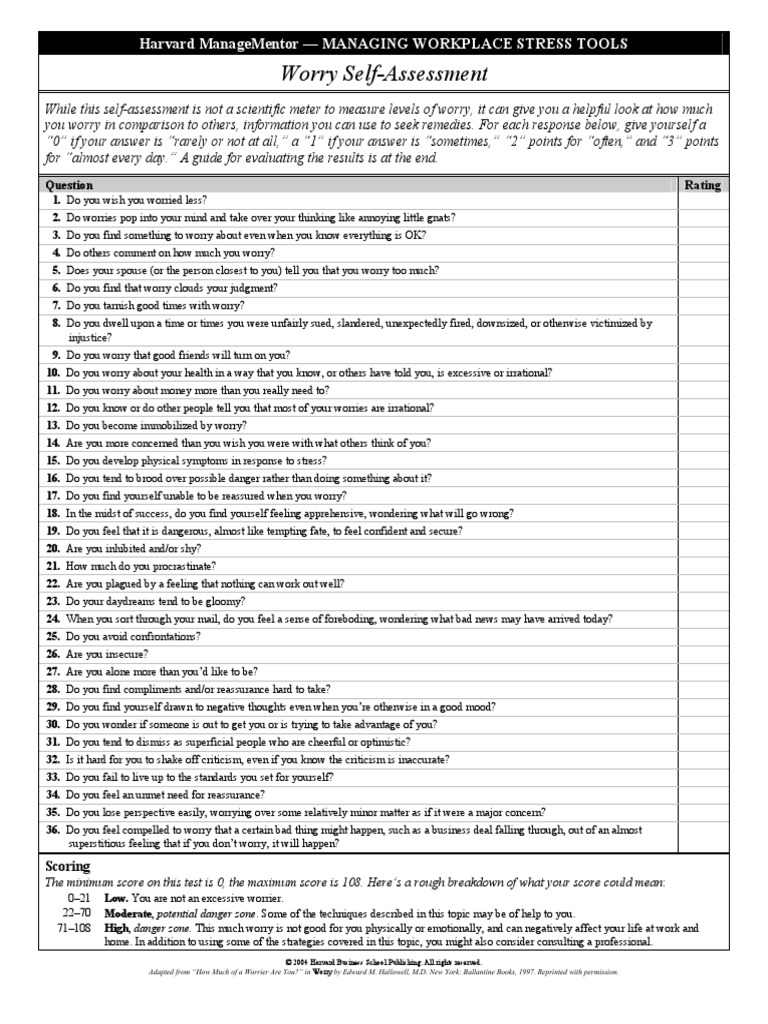Worry Self-Assessment: Harvard Managementor - Managing Workplace Stress ...