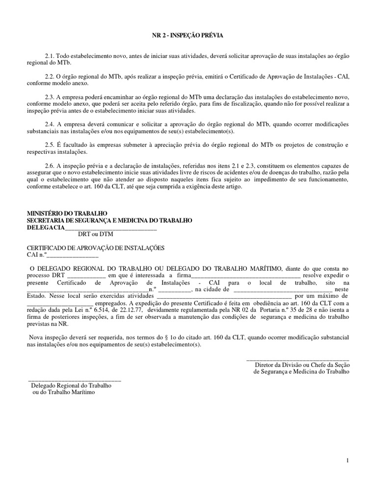 NR 2 - Inspeção Prévia | PDF | Lei Estatutária | Governo
