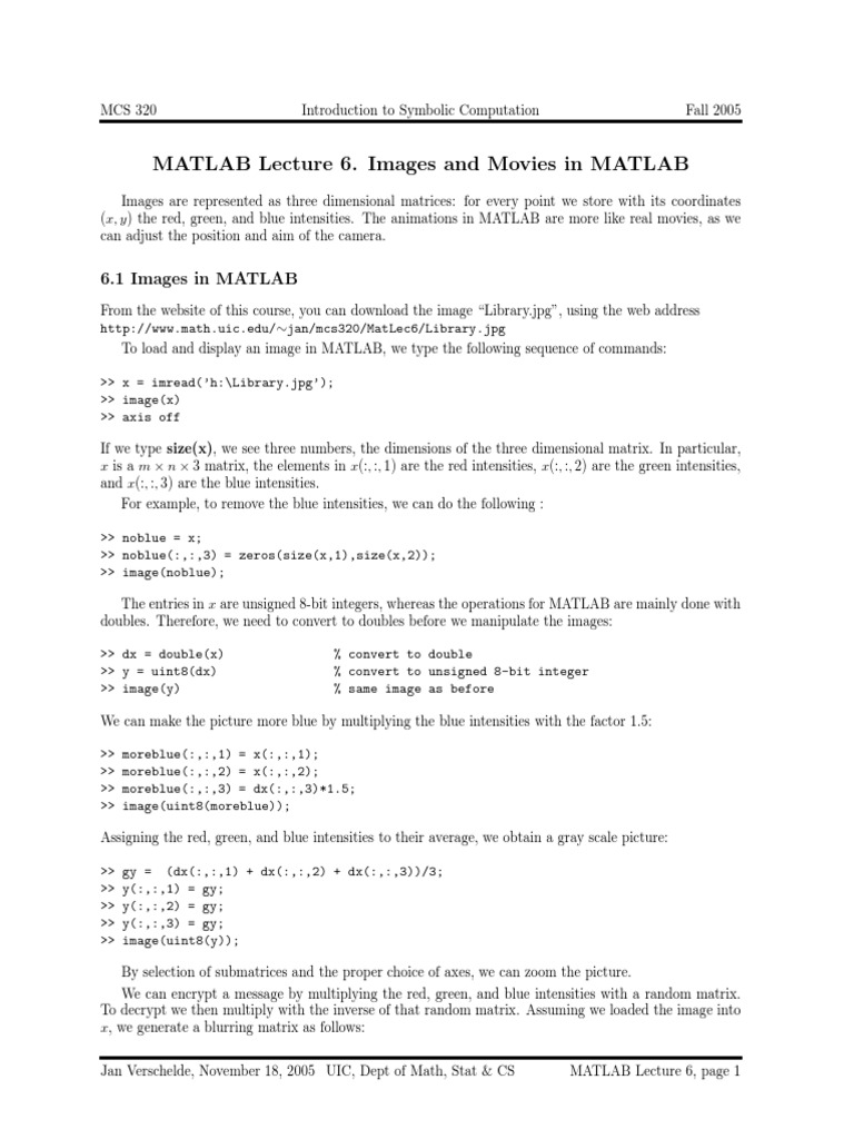MATLAB Lecture 6. Images and Movies in MATLAB | PDF | Matlab | Matrix (Mathematics)