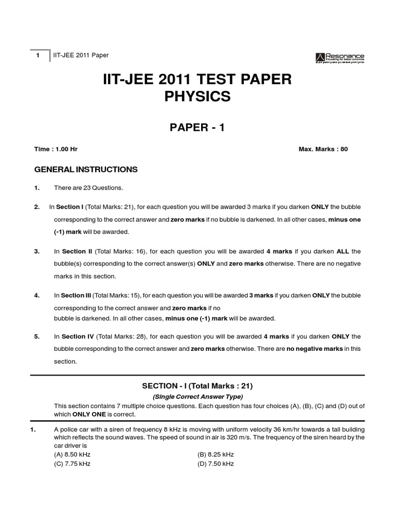 IIT-JEE 2011 Question Paper With Answer Key | PDF | Electron | Heat Transfer