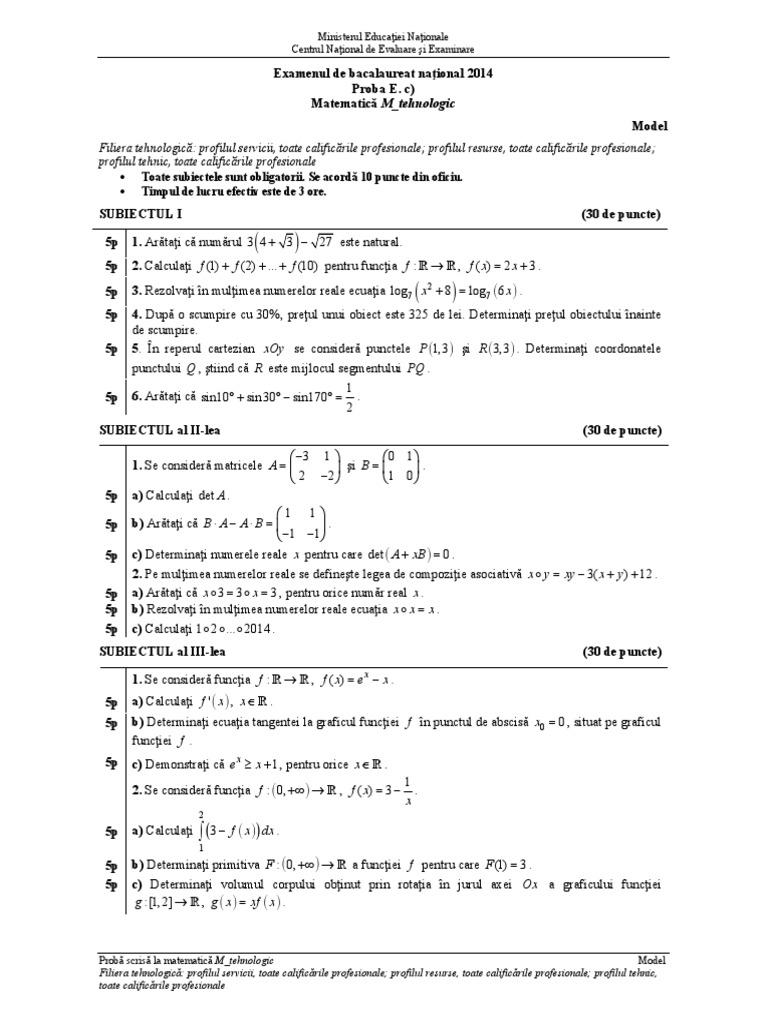 Model Matematica Profil Tehnologic | PDF