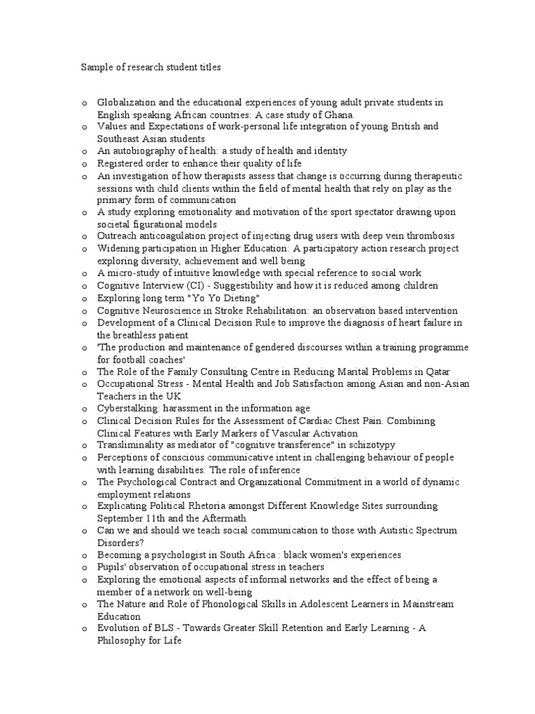 Sample Research Student Titles | PDF | Self-Improvement