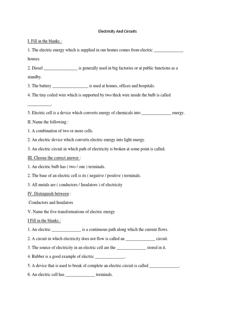 Electricity and Circuits Worksheet | PDF | Electricity | Battery ...