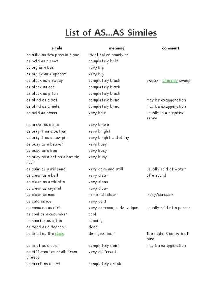 List of AS... AS Similes: Simile Meaning Comment | PDF | Nature