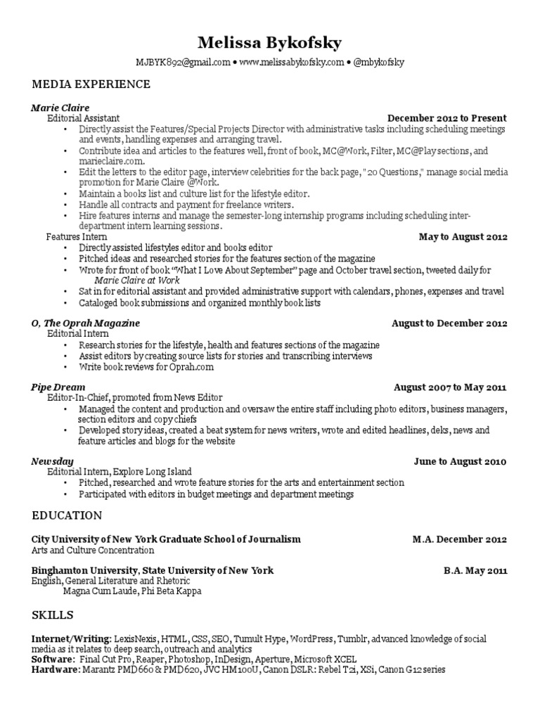 Melissa Bykofsky Resume 2014 | PDF | Editing | Mass Media