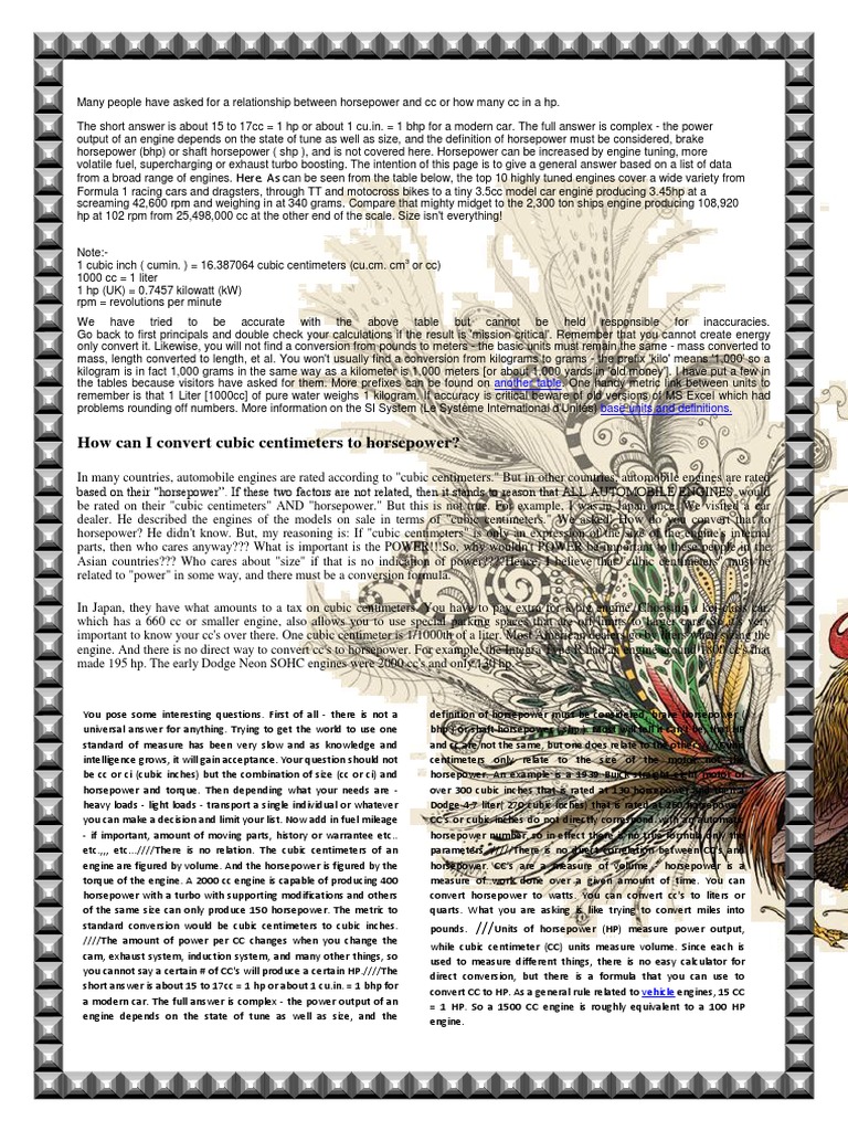 How Can I Convert Cubic Centimeters To Horsepower?: Another Table Base ...