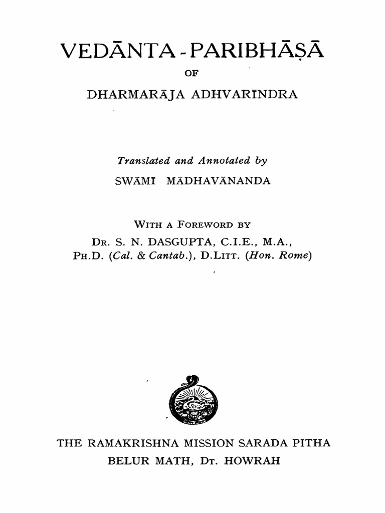 Vedanta Paribhasa of Dharmaraja Adhvarindra - Swami Madhavananda (Sanskrit-English) | PDF