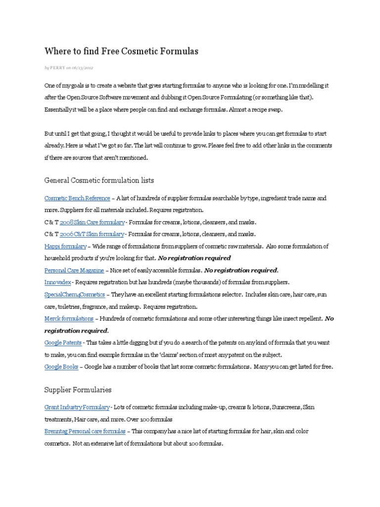 Where to Find Free Cosmetic Formulas 10.08.2012 | Cosmetics | Human ...