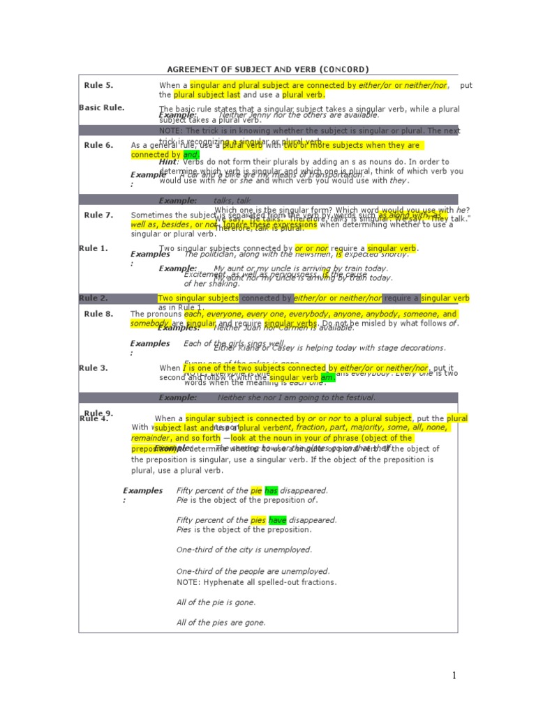 Example:: Agreement of Subject and Verb (Concord) Rule 5. Basic Rule | PDF