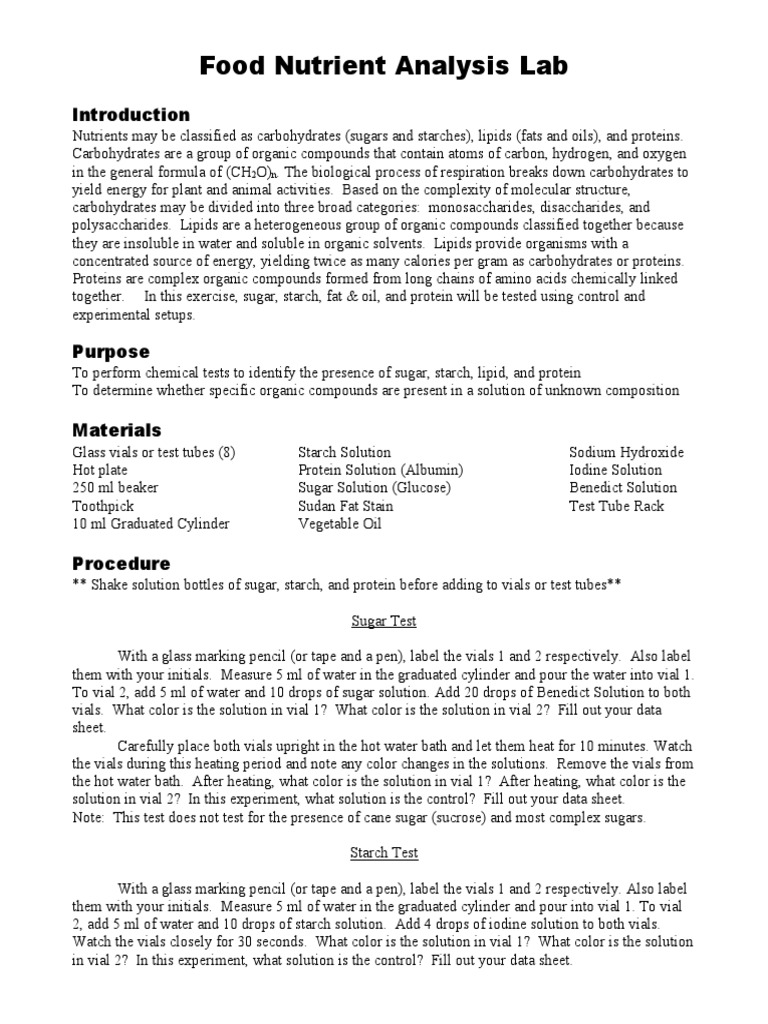 Food Nutrient Analysis Lab | PDF | Carbohydrates | Organic Compounds