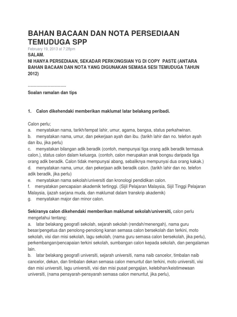 Bahan Bacaan Dan Nota Persediaan Temuduga SPP | PDF