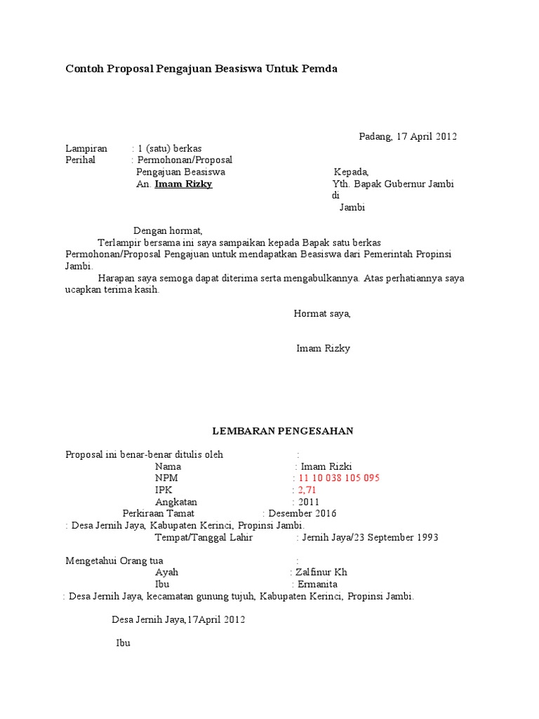 Contoh Proposal Pengajuan Beasiswa Untuk Pemda | PDF