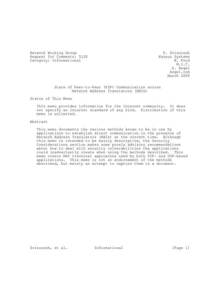 Rfc5128 - State of Peer-To-Peer (P2P) Communication Across NAT | PDF | Transmission Control ...