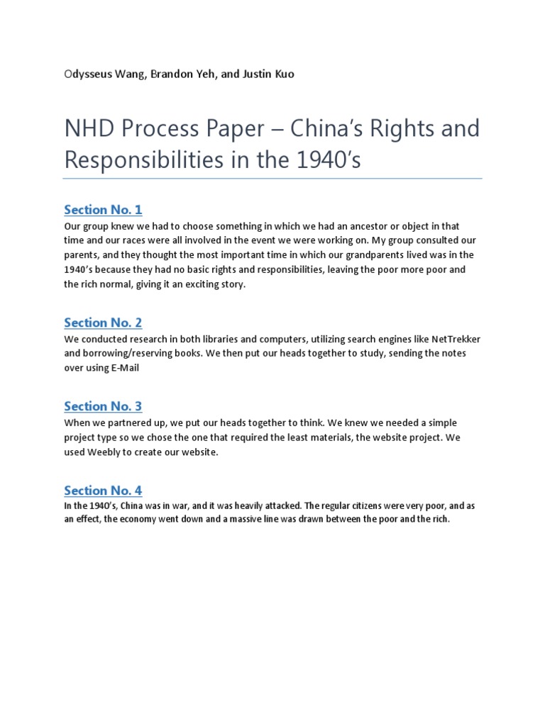 NHD Process Paper - China's Rights and Responsibilities in The 1940's | PDF