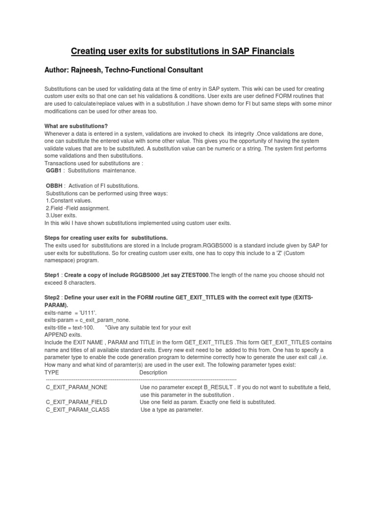 Creating User Exits For Substitutions in SAP Financials | Download Free PDF | Parameter ...